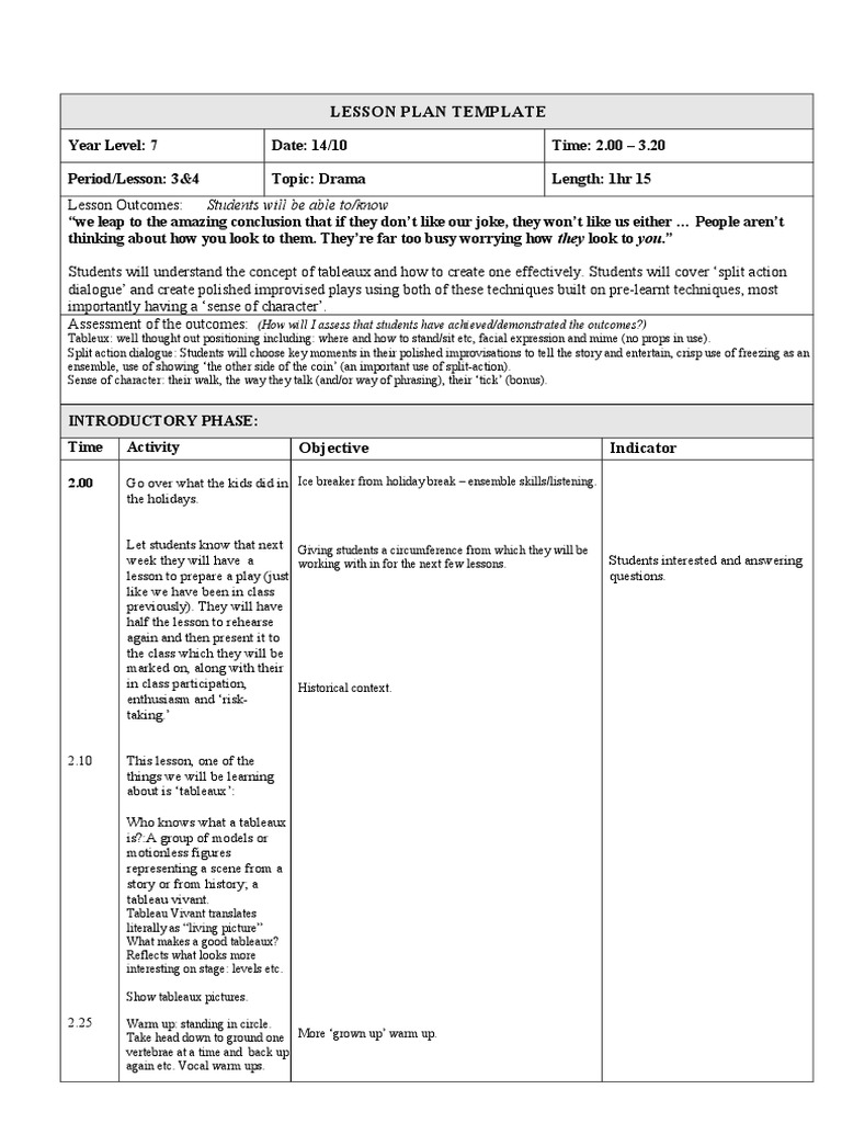 Year 7 Drama Lesson Plan 7 Week 1 Term 4 | PDF | Performing Arts ...