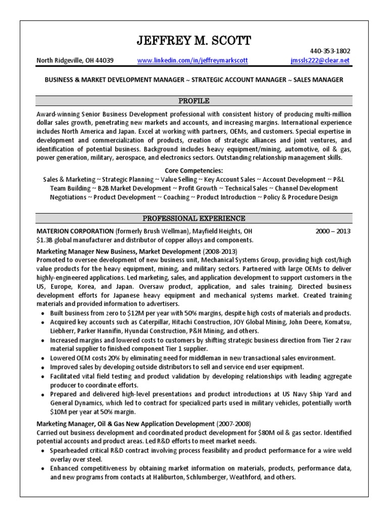 Business Development Sales Manager in Cleveland OH Resume Jeffrey Scott ...