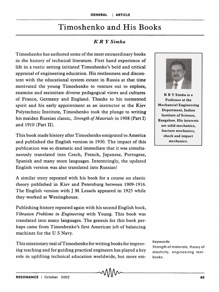 timoshenko and his book.pdf | Strength Of Materials | Stress (Mechanics)