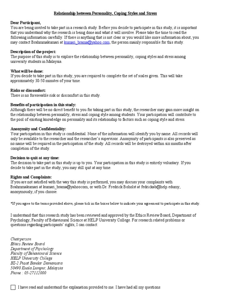 Personality, Stress and Coping Style Form | PDF | Feeling | Emotions