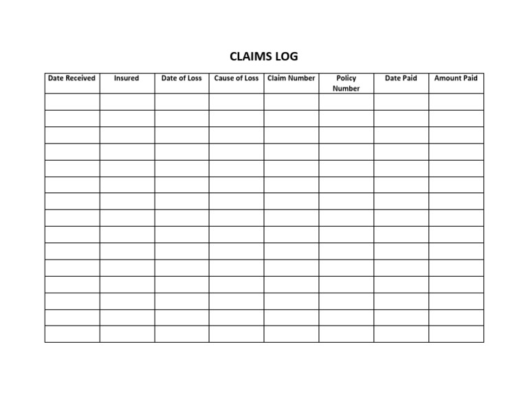 Claims Log: Date Received Insured Date of Loss Cause of Loss Claim ...