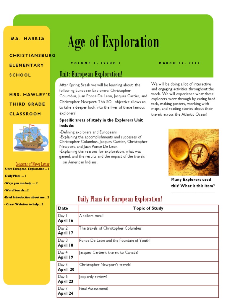 Third Grade Newsletter - Exploration | PDF | Exploration | Age Of Discovery