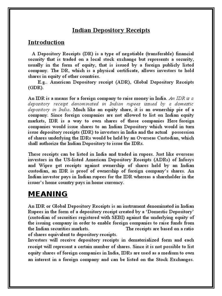 Indian Depository Receipts | PDF | American Depositary Receipt | Securities (Finance)