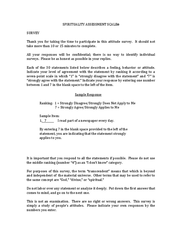 SPIRITUALITY ASSESSMENT SCALE | Attitude (Psychology) | Survey Methodology