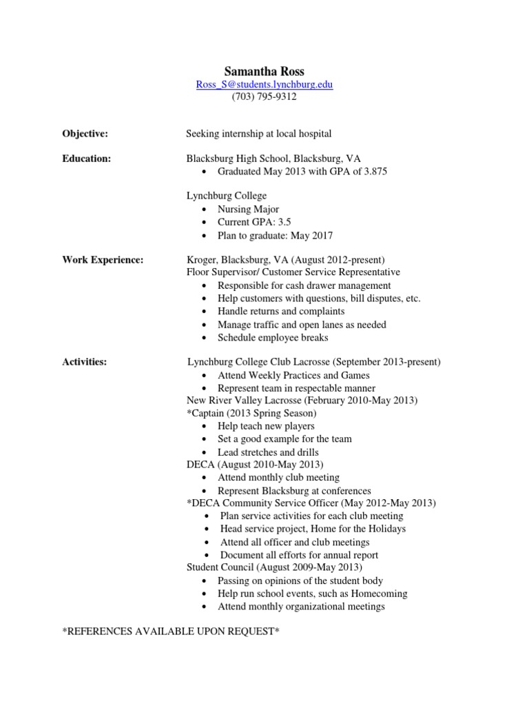 Nursing Internship Resume for Samantha Ross | PDF