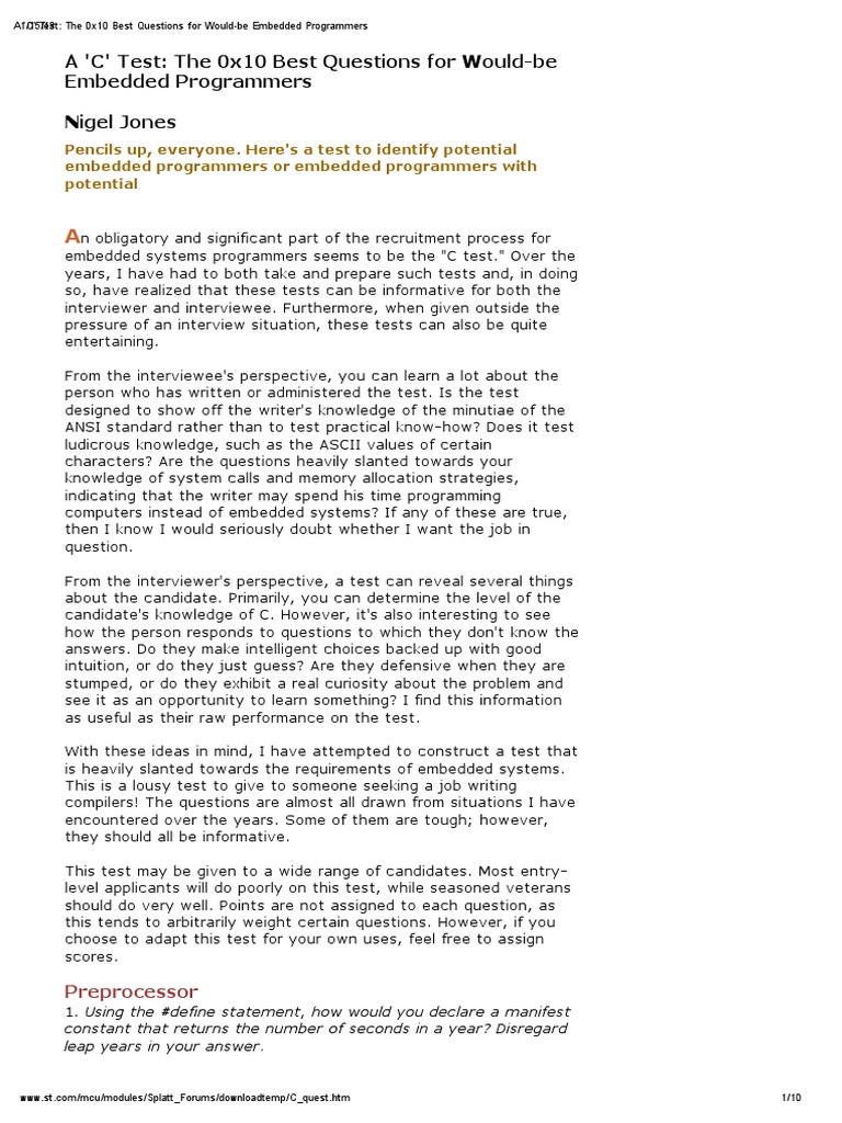 Top 10 C Questions for Embedded Programmers | PDF | C (Programming Language) | Pointer (Computer ...