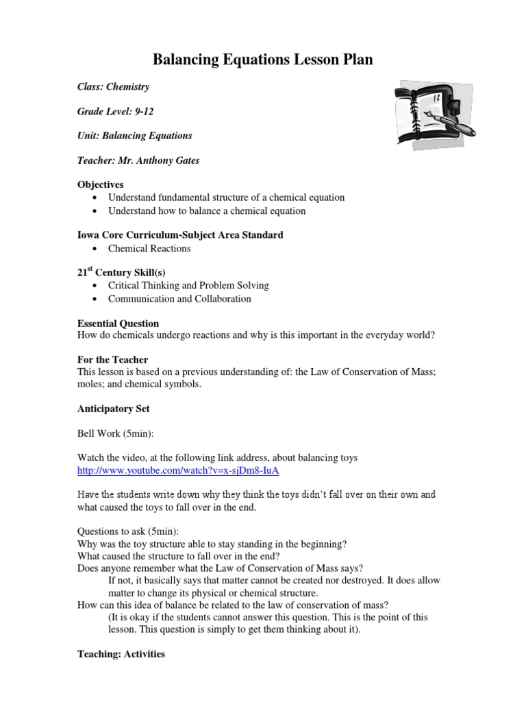 Balancing Equations Lesson Plan | PDF | Chemistry | Lesson Plan