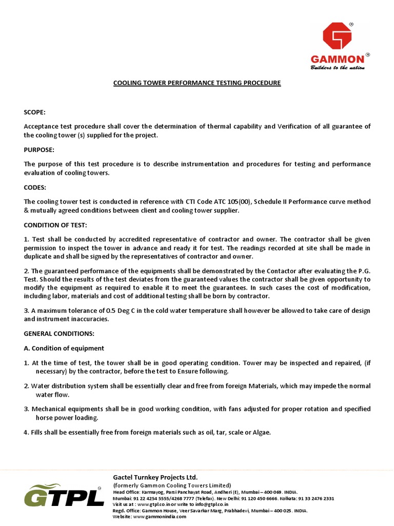 Cooling Tower Performance Testing Procedure PDF | PDF | Flow ...