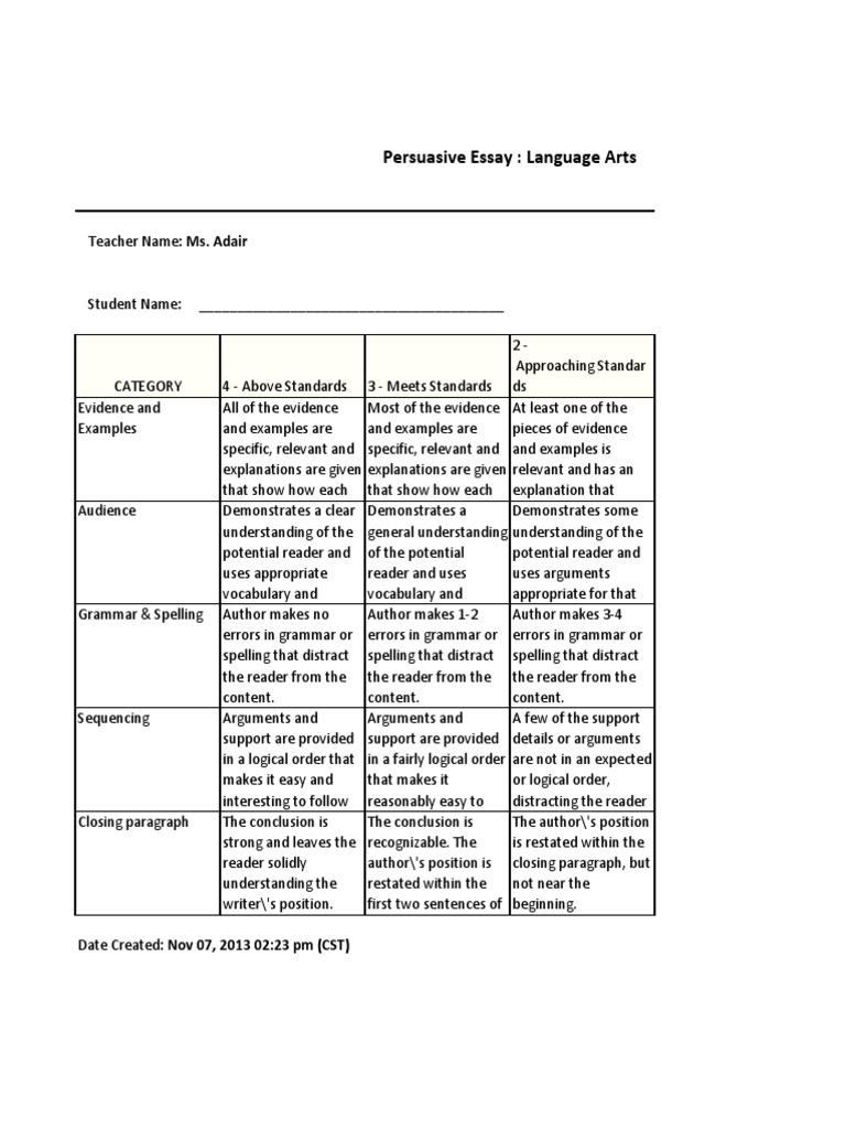 Persuasive Essay Grading Rubric | PDF | Career & Growth