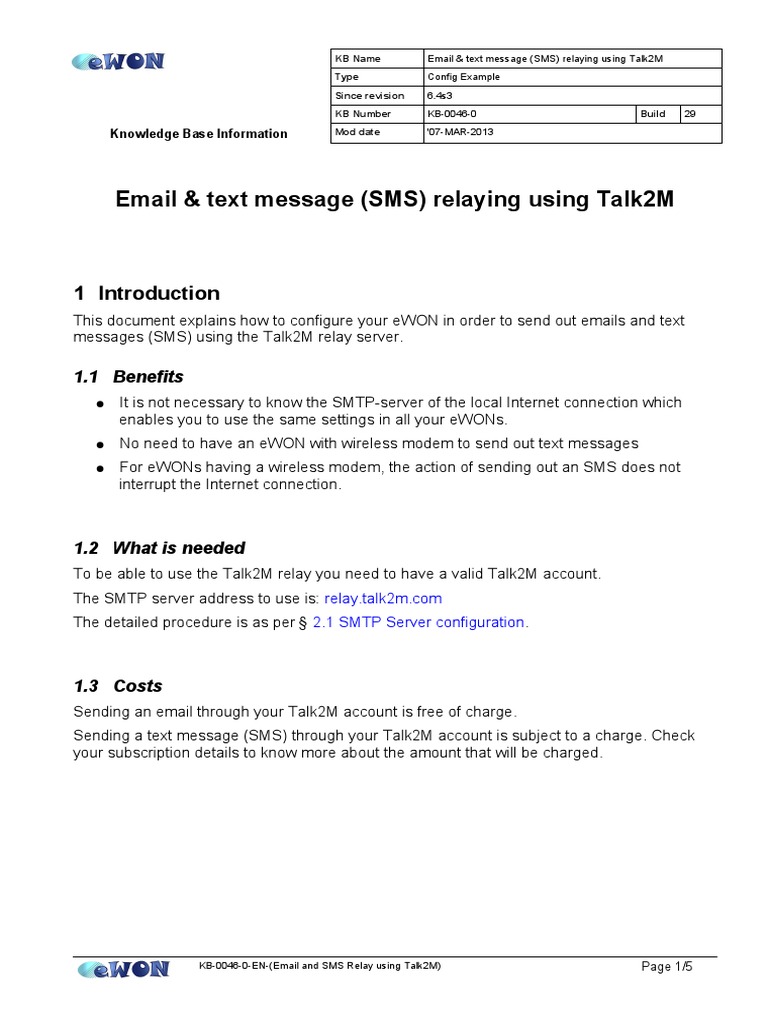 Email and SMS Relay Using Talk2M eWON 2005 - 4005 | Download Free PDF ...