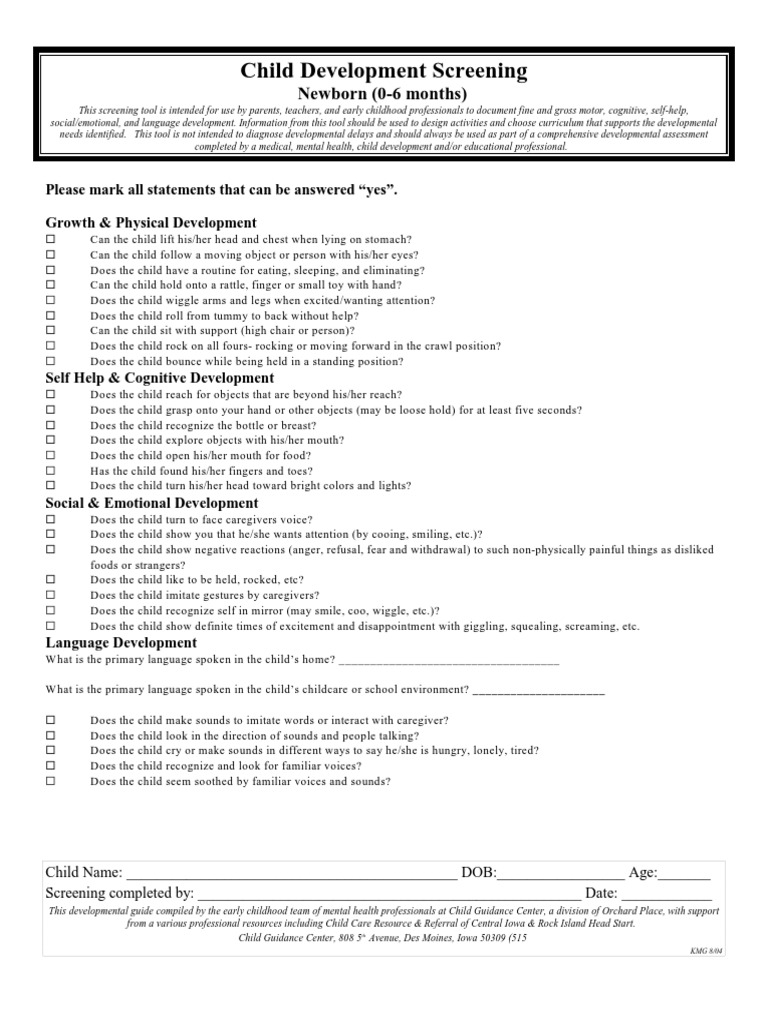 Child Development Screening Tool 0-12 Months | PDF