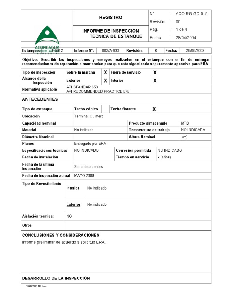 Informe de Inspeccion Tecnica de Estanque T-5012 | PDF | Science | Ingeniería