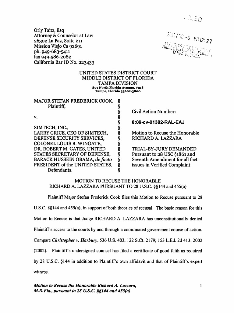 COOK V SIMTECH - MOTION For Recusal of District Judge Richard A. Lazzara - 08 2009-08-06 | PDF ...