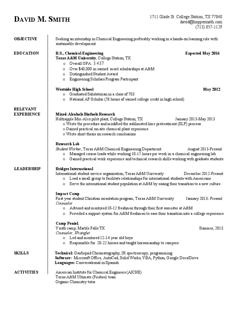 Chemical Engineering Internship Resume | PDF | Art