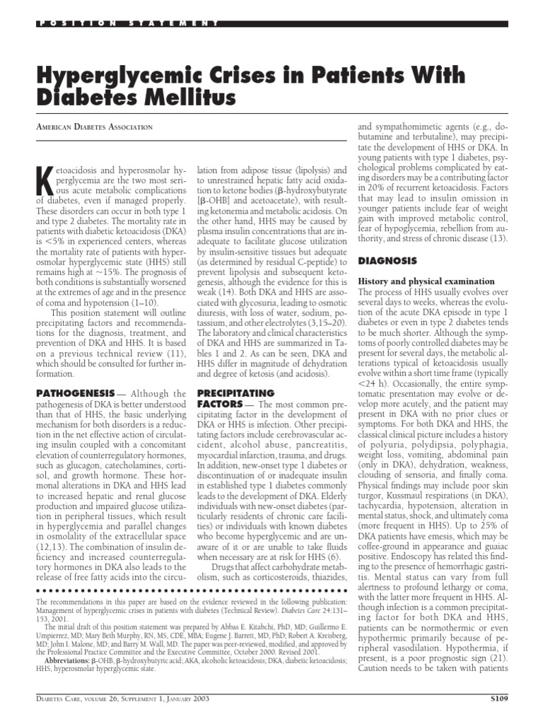 Hyperglycemic Crises in Patients With Diabetes Mellitus: Position ...