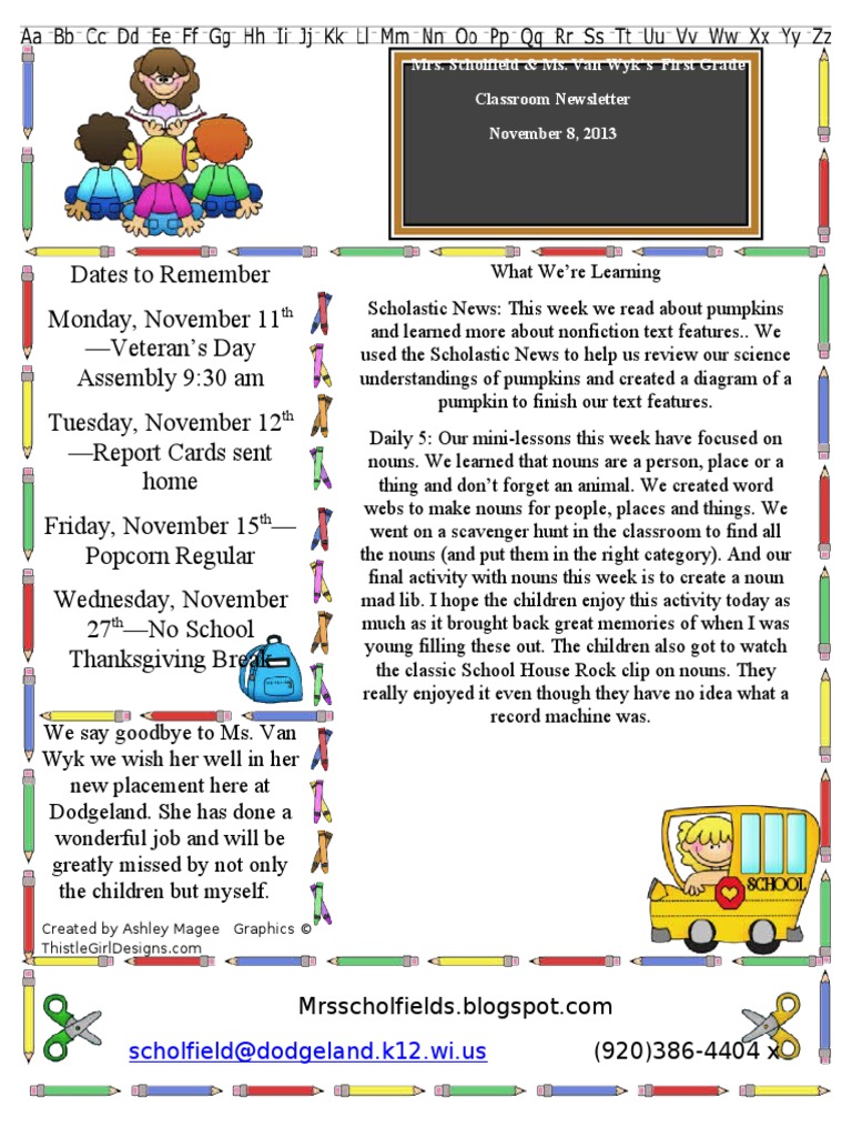 First Grade Classroom Newsletter - Nov 2013 | PDF | Teaching And ...