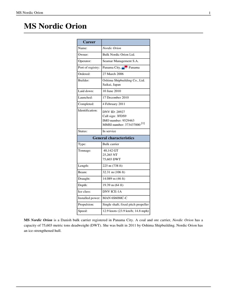 MS Nordic Orion PDF | PDF | Ships | Water Transport