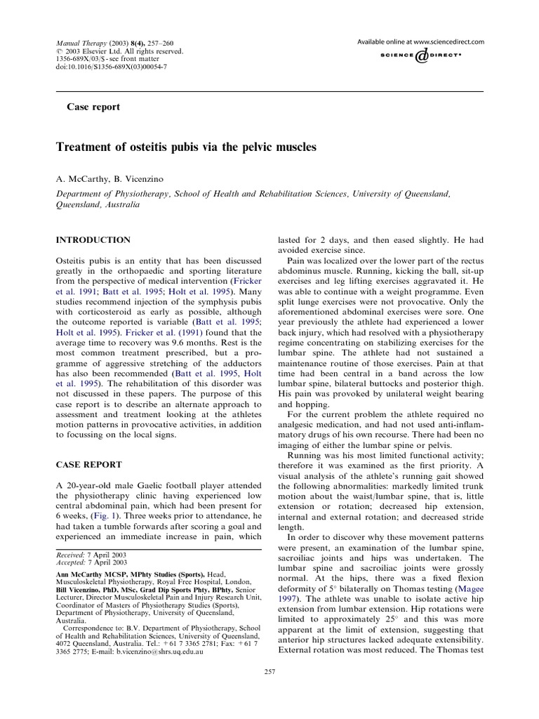Treatment Of Osteitis Pubis Via The Pelvic Musclespdf Pelvis