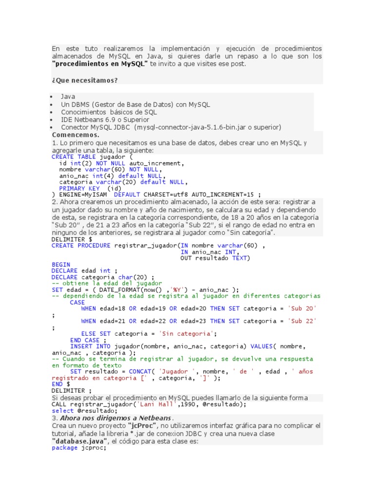 Procedimientos Almacenados de MySQL en Java | PDF | Java (lenguaje de programación) | Áreas de ...