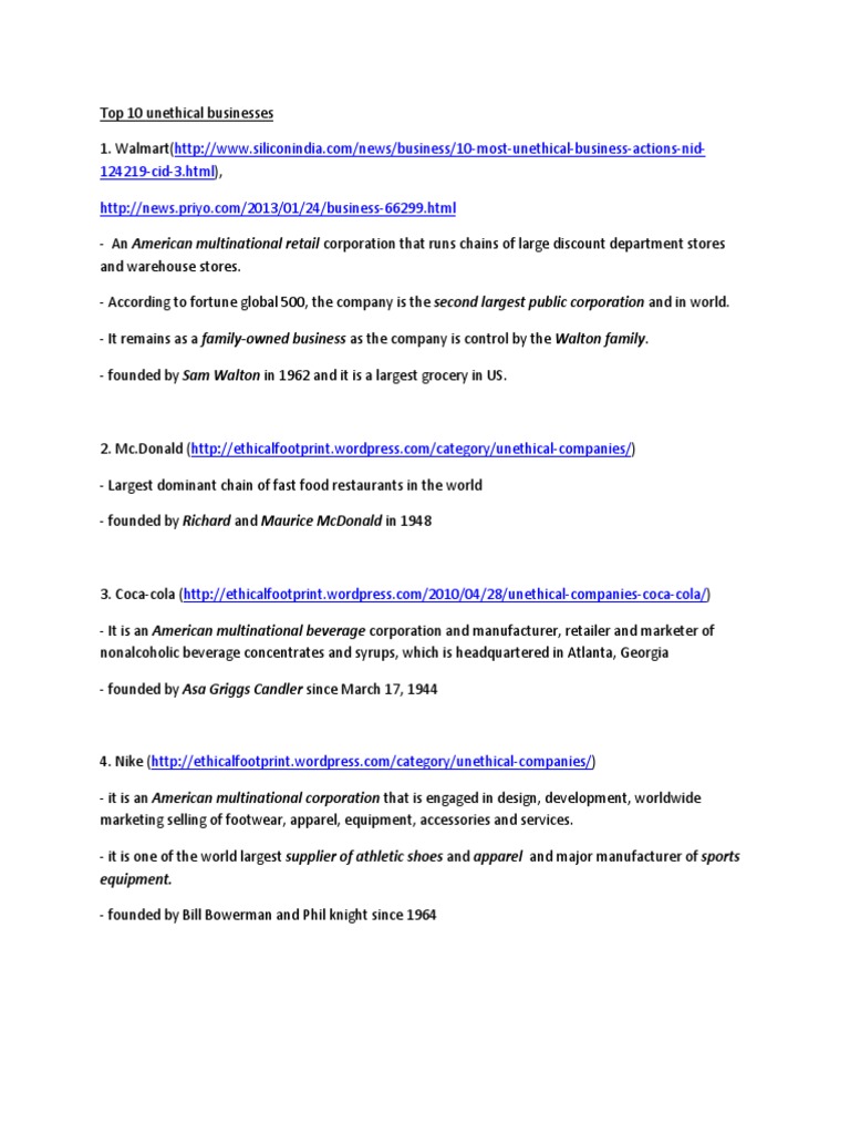 Top 10 Unethical Businesses | PDF | Monsanto | Chevron Corporation
