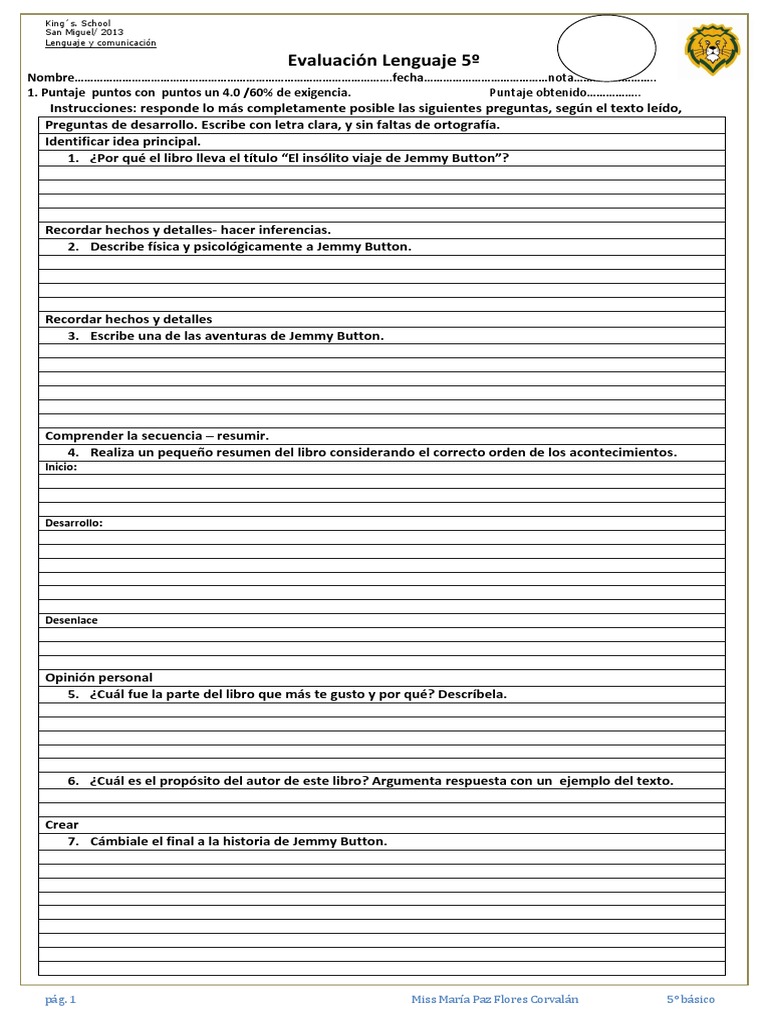 Evaluación sobre "Jemmy Button" | PDF | Artes del Lenguaje y ...