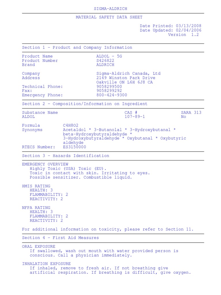 Acetaldol Msds | Download Free PDF | Toxicity | Personal Protective Equipment