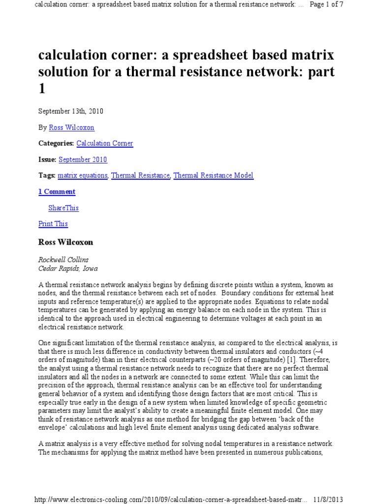Thermal Resistance Network Analysis in Excel | PDF | Matrix ...