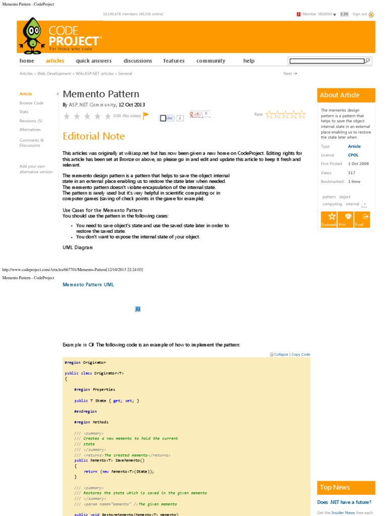 Memento Pattern - CodeProject | PDF | C Sharp (Programming Language) | Wiki