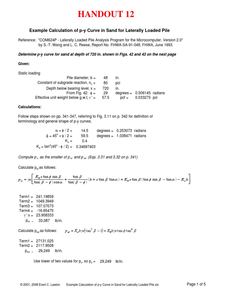 Example Calculation of P-Y Curve in Sand For Laterally Loaded Pile PDF ...