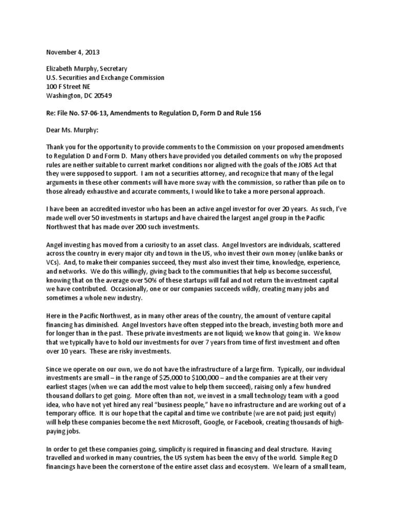 Dan Rosen Letter To SEC | Download Free PDF | Angel Investor | U.S ...