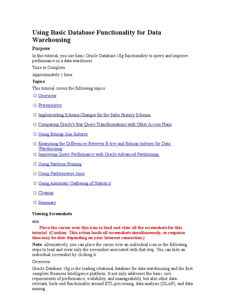 Using Basic Database Functionality For Data Warehousing | PDF | Database Index | Oracle Database