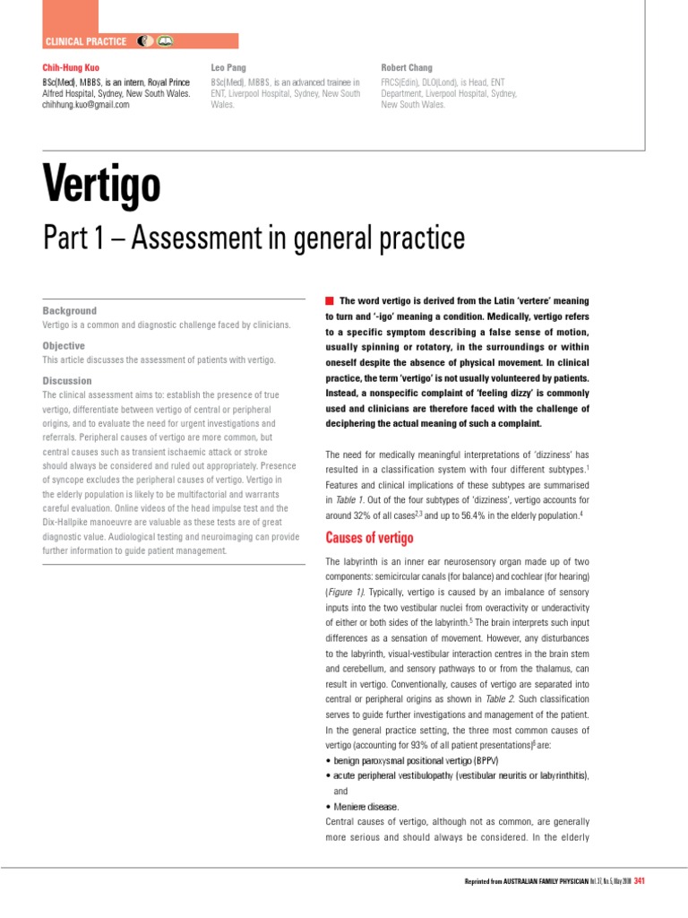 Vertigo: Part 1 - Assessment in General Practice | PDF