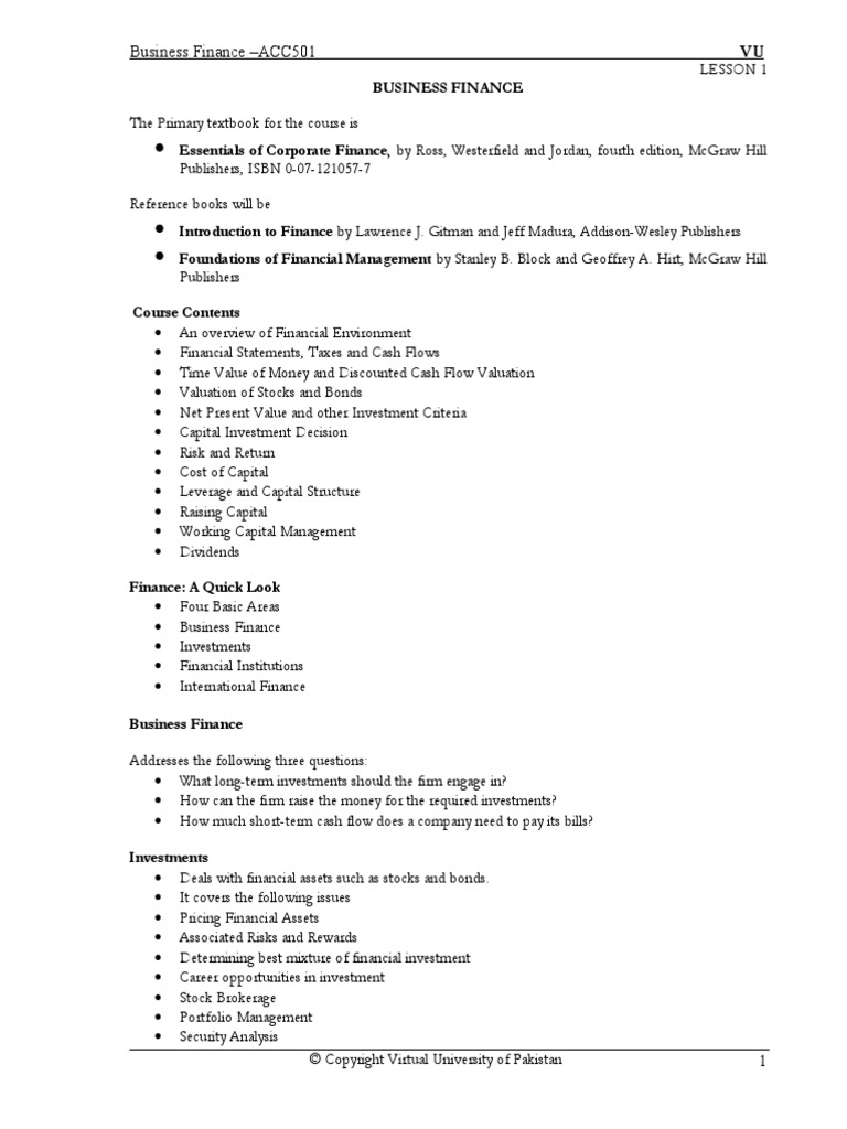 Business Finance - ACC501 Handouts PDF | PDF | Equity (Finance ...