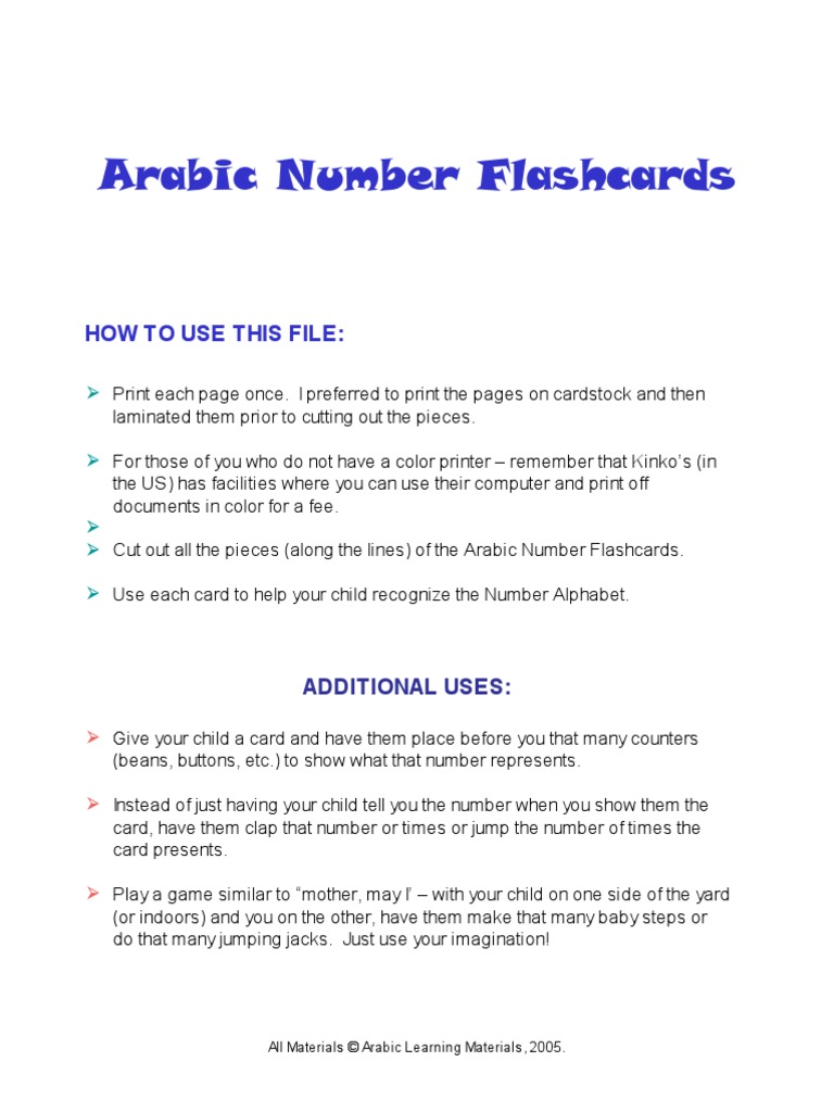 Arabic Number Flashcards: How To Use This File | PDF | Home & Garden