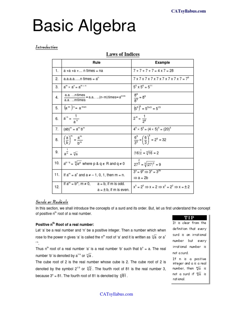 Basic Algebra: Laws of Indices | PDF