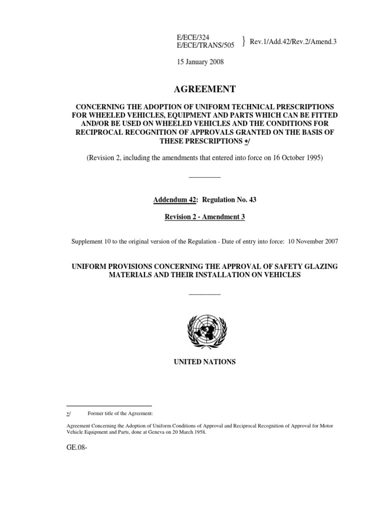 Agreement: E/ECE/324 E/ECE/TRANS/505 Rev.1/Add.42/Rev.2/Amend.3 15 January 2008 | PDF | Vehicles ...