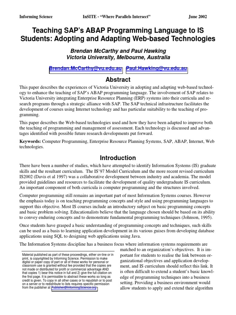 Teaching SAP's ABAP Programming Language To IS Students: Adopting and Adapting Web-Based ...