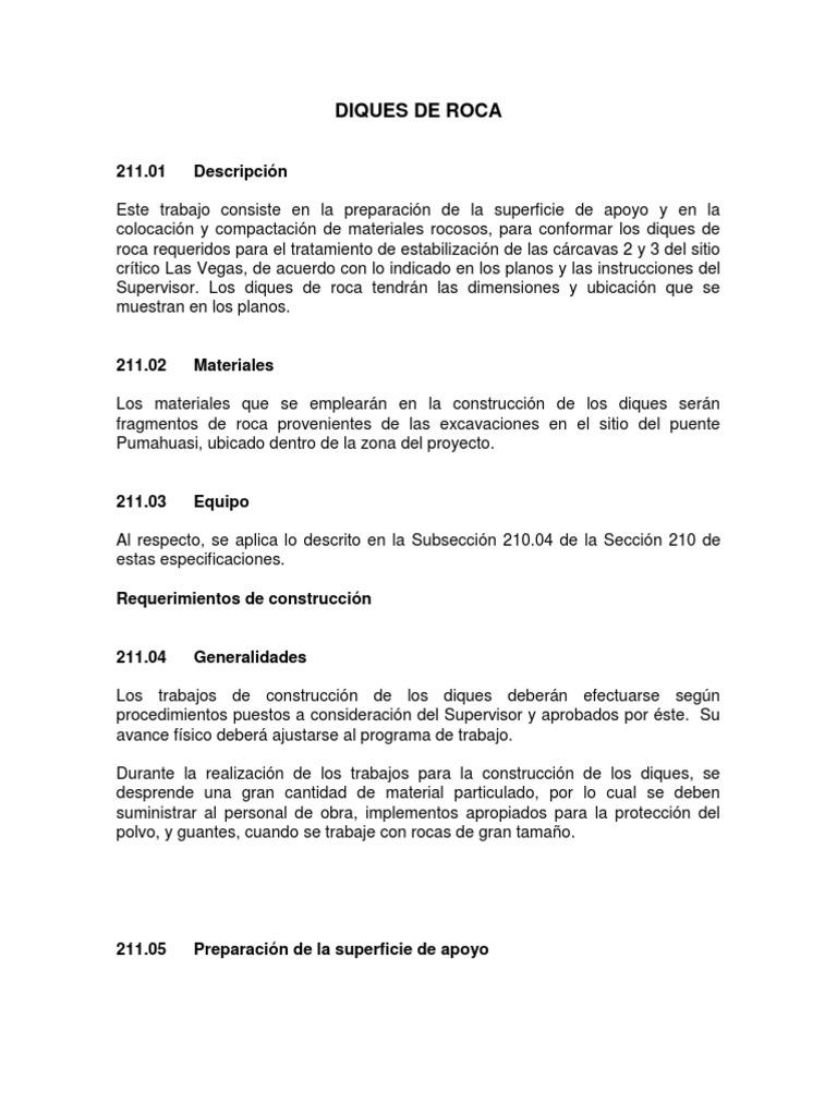 Especificaciones Tecnicas de DIQUES de ROCA | PDF | Dique | Roca (geología)
