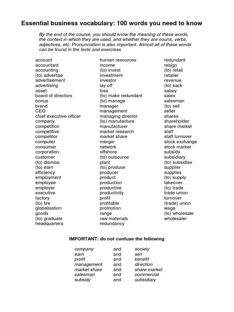 Essential Business Vocabulary: 100 Words You Need To Know: IMPORTANT ...