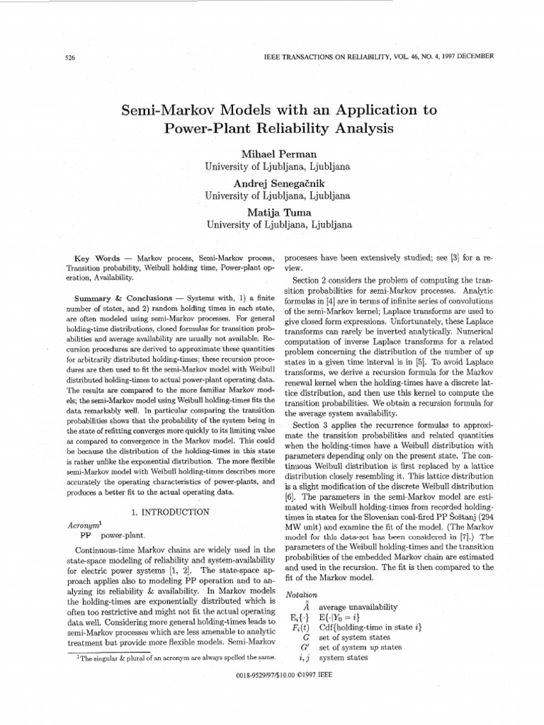 Semi-Markov Models With An Application To Power-Plant Reliability Analysis PDF | PDF | Markov ...