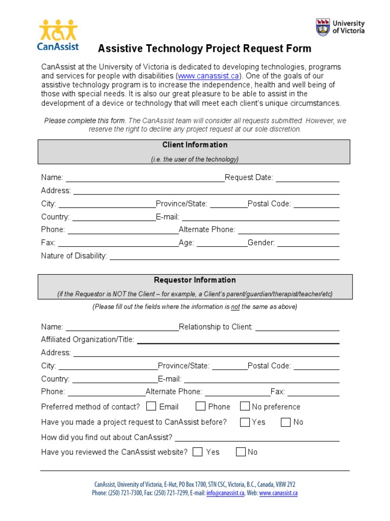Assistive Technology Project Request Form: WWW - Canassist.ca | PDF ...