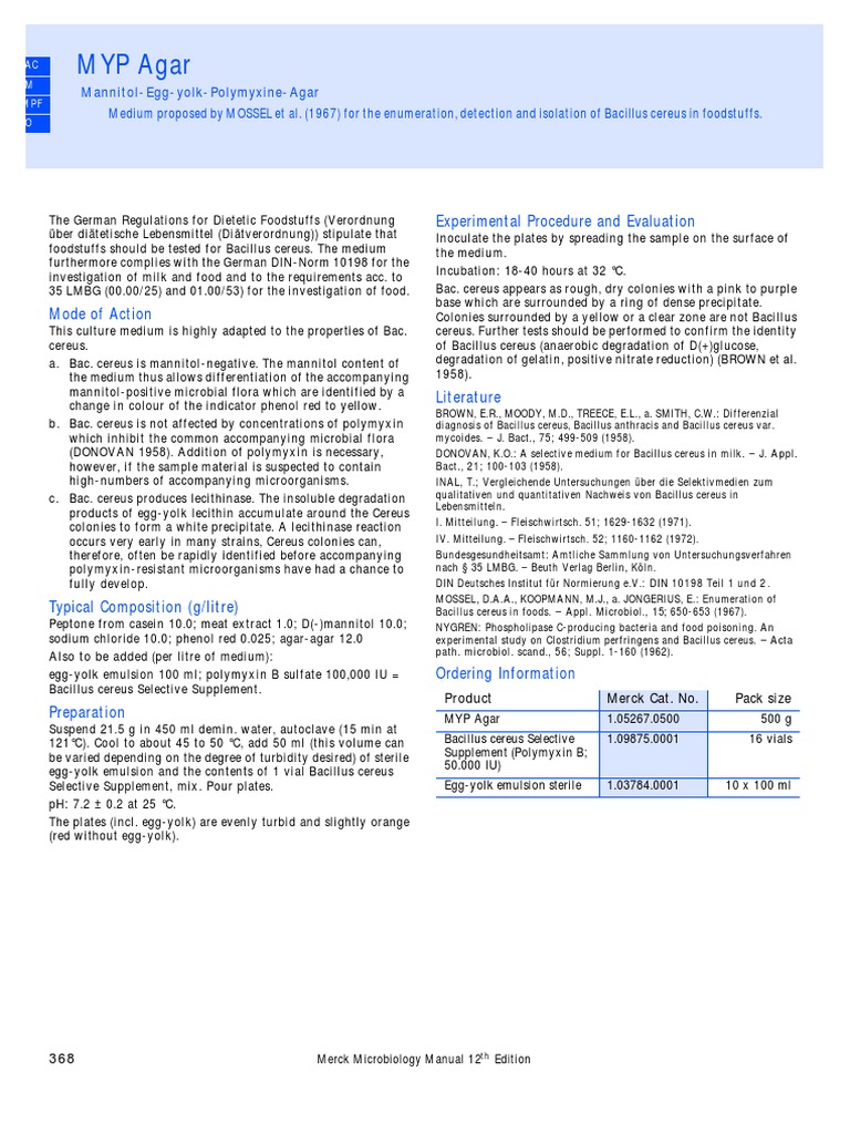 MYP Agar for Bacillus cereus Detection | PDF | Growth Medium | Bacillus