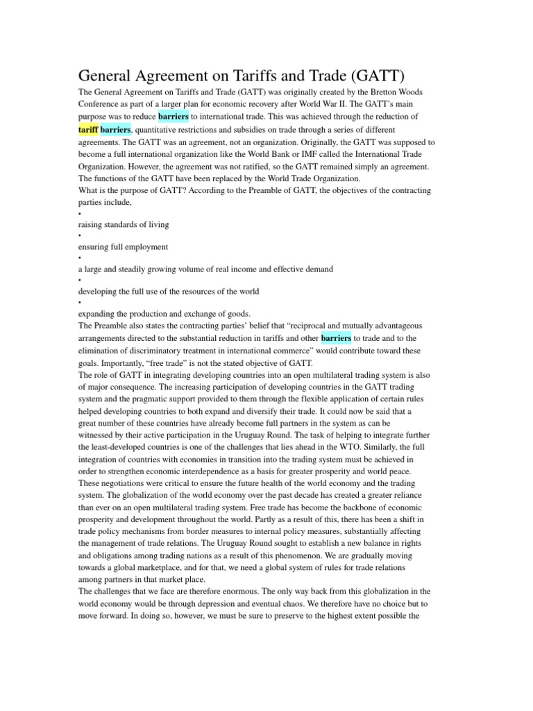 General Agreement On Tariffs and Trade (GATT) | PDF | World Trade ...