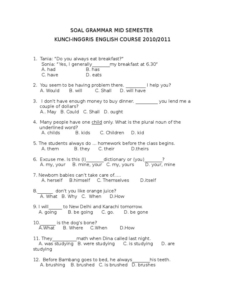 50 Soal Latihan Grammar Untuk Mahasiswa Semester Awal Pdf