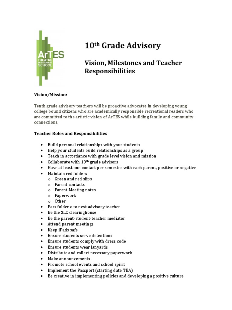 10 Grade Advisory: Vision, Milestones and Teacher Responsibilities ...