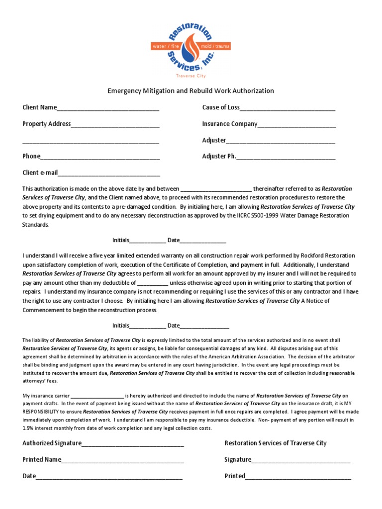 Emergency Mitigation and Rebuild Work Authorization | PDF | Insurance ...
