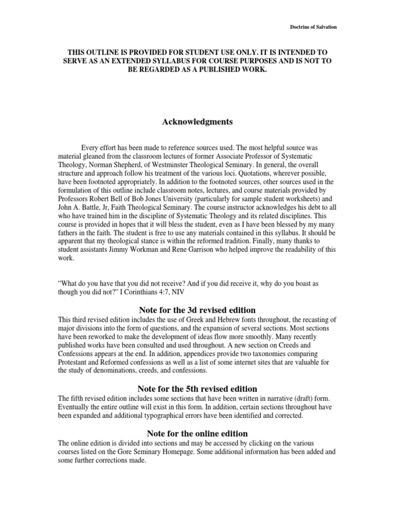 Doctrine of Salvation Notes | PDF | Covenant Theology | Perseverance Of ...