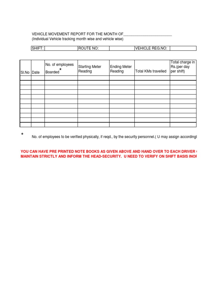 Monthly Vehicle Movement Report Template | PDF | Business
