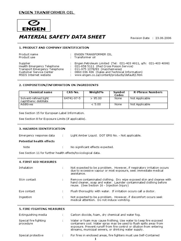 Engen Transformer Oil PDF | PDF | Toxicity | Safety