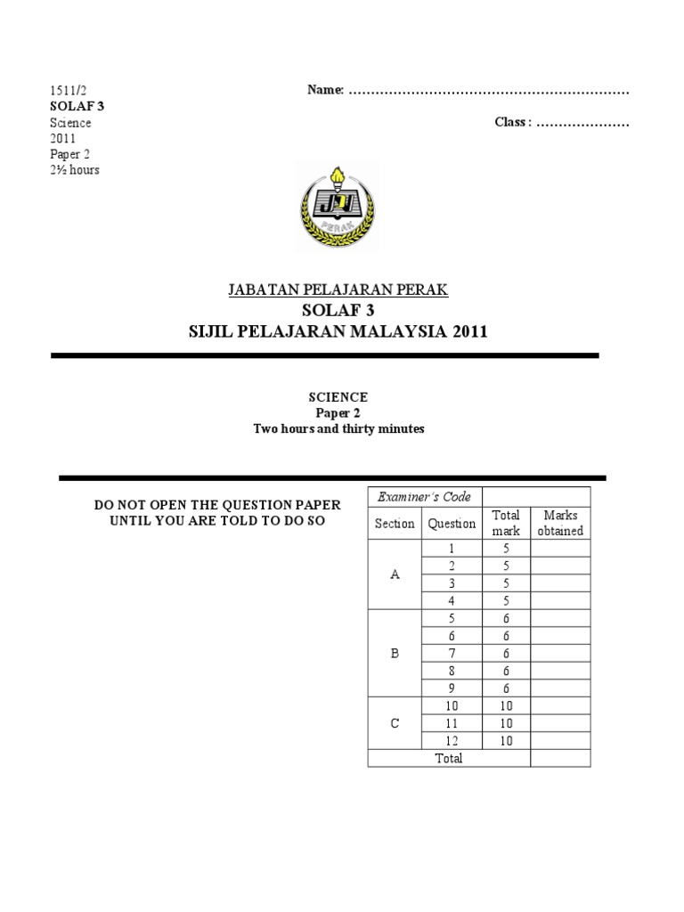 Science Exam Paper 2011: SOLAF 3 | PDF | Teaching Methods & Materials ...